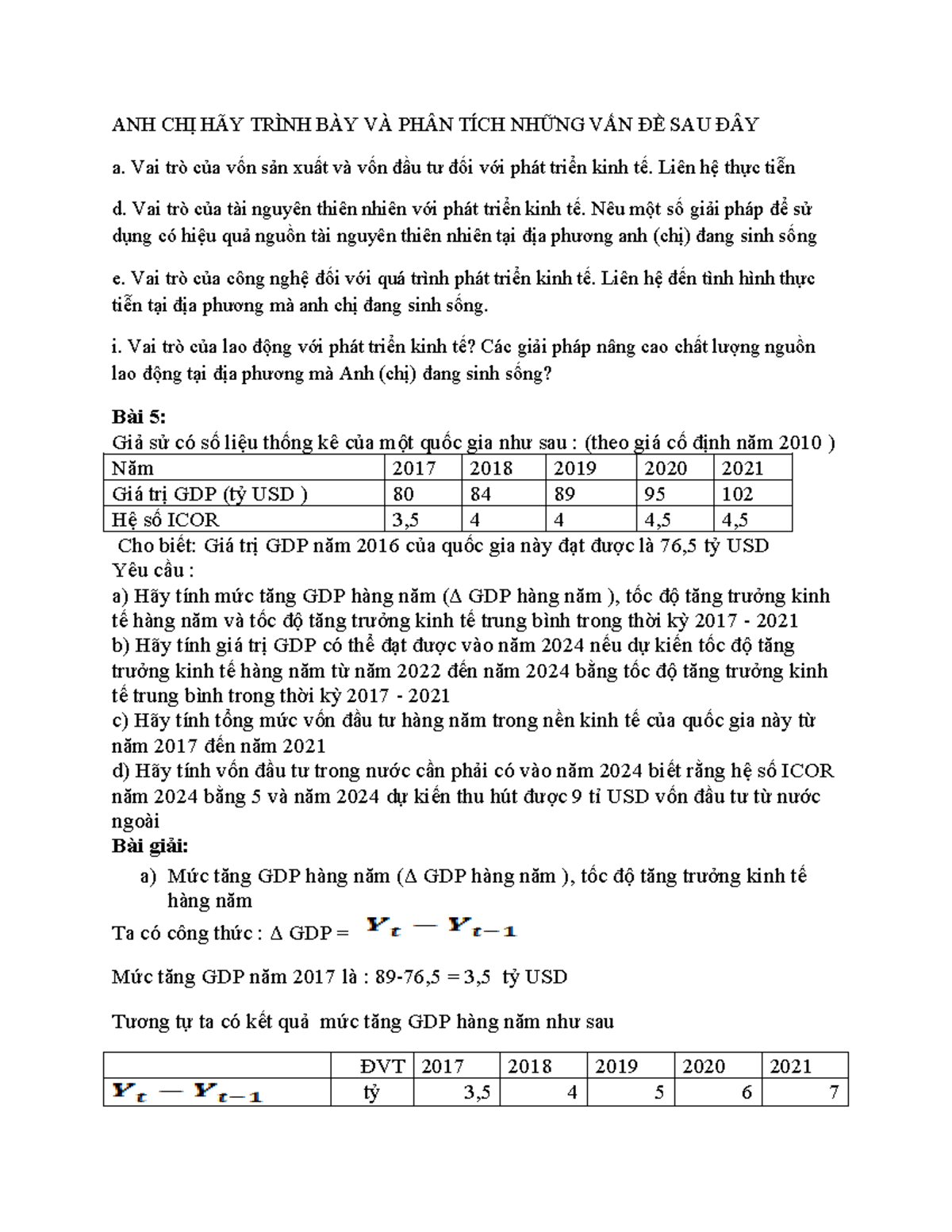 Bài Tập Kinh Tế Phát Triển (KTPT) - Phân Tích Vốn và Tài Nguyên - Studocu