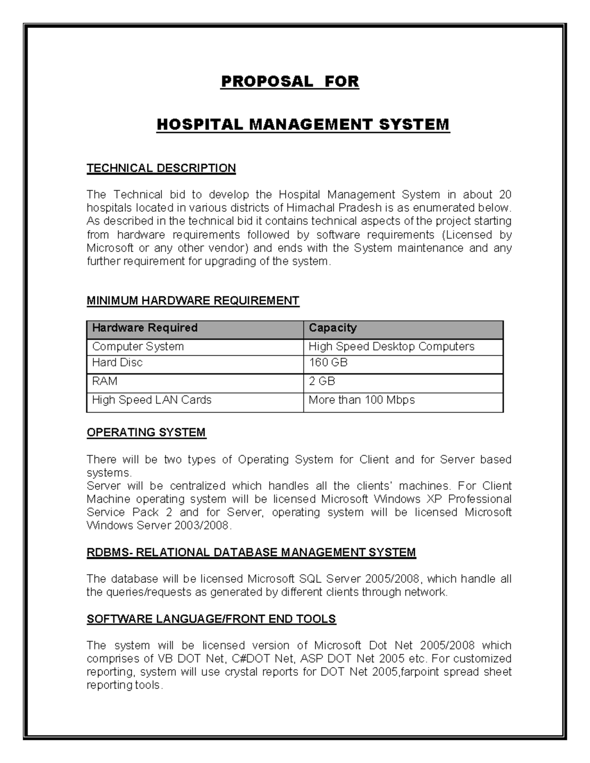 Proposal for Hospital Management System: Technical Bid Overview - Studocu