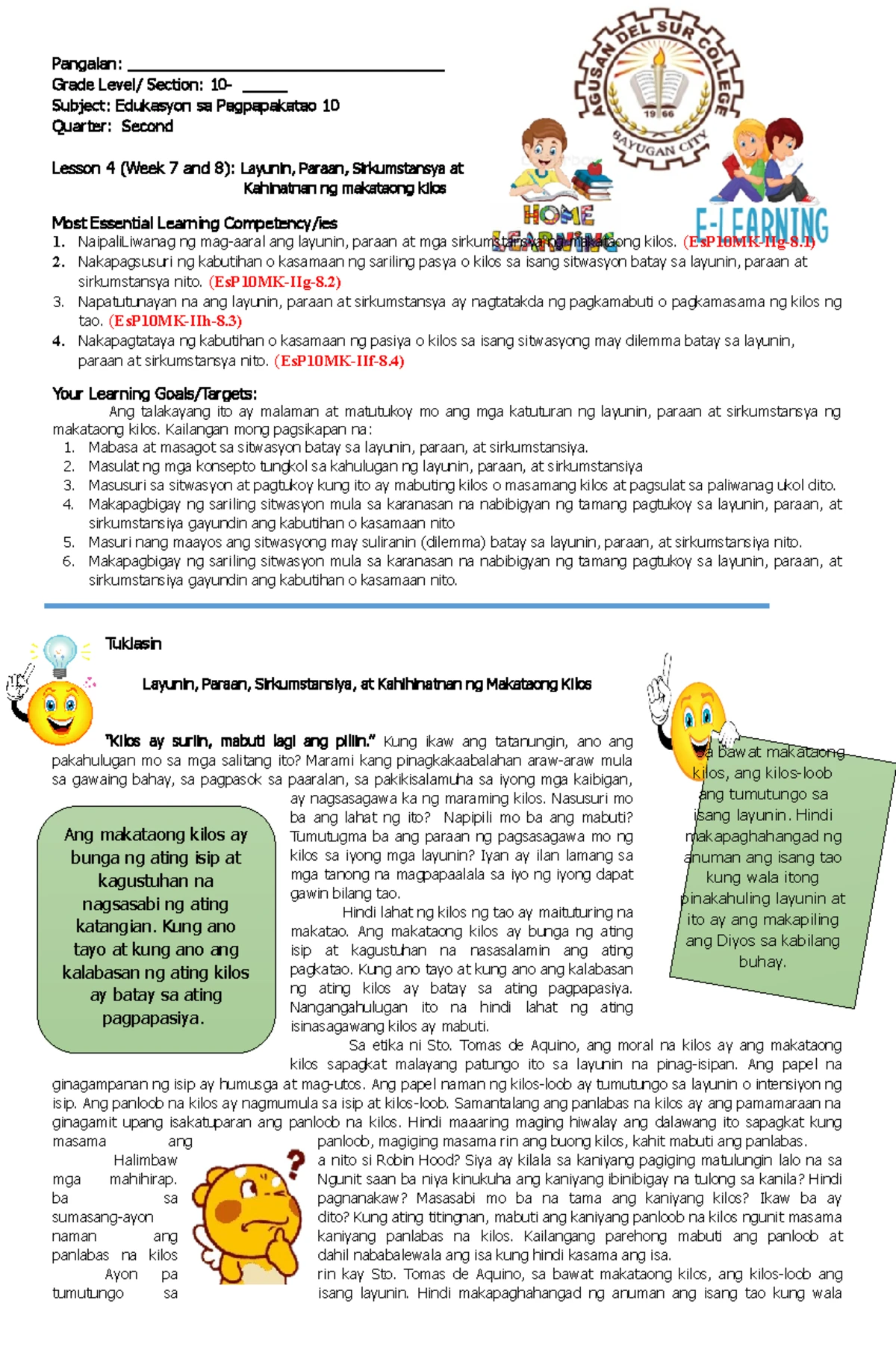 Quarter 2- Lesson 1 - Edukasyon sa Pagpapakatao Learning module - Lesson 1 (Week 1 and 2 ): Ang ...