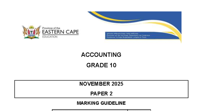 EC ACCN GRADE 10 NOVEMBER 2025 PAPER 2 MARKING GUIDELINE - Studocu