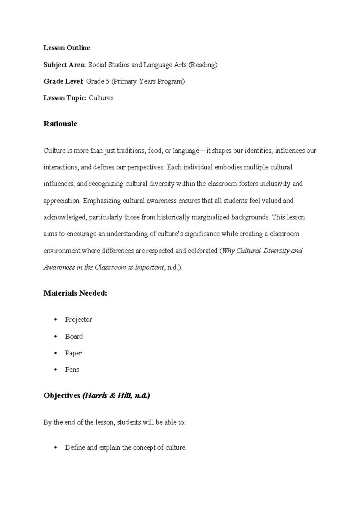 Grade 5 lesson plan on cultural diversity in social studies and ...