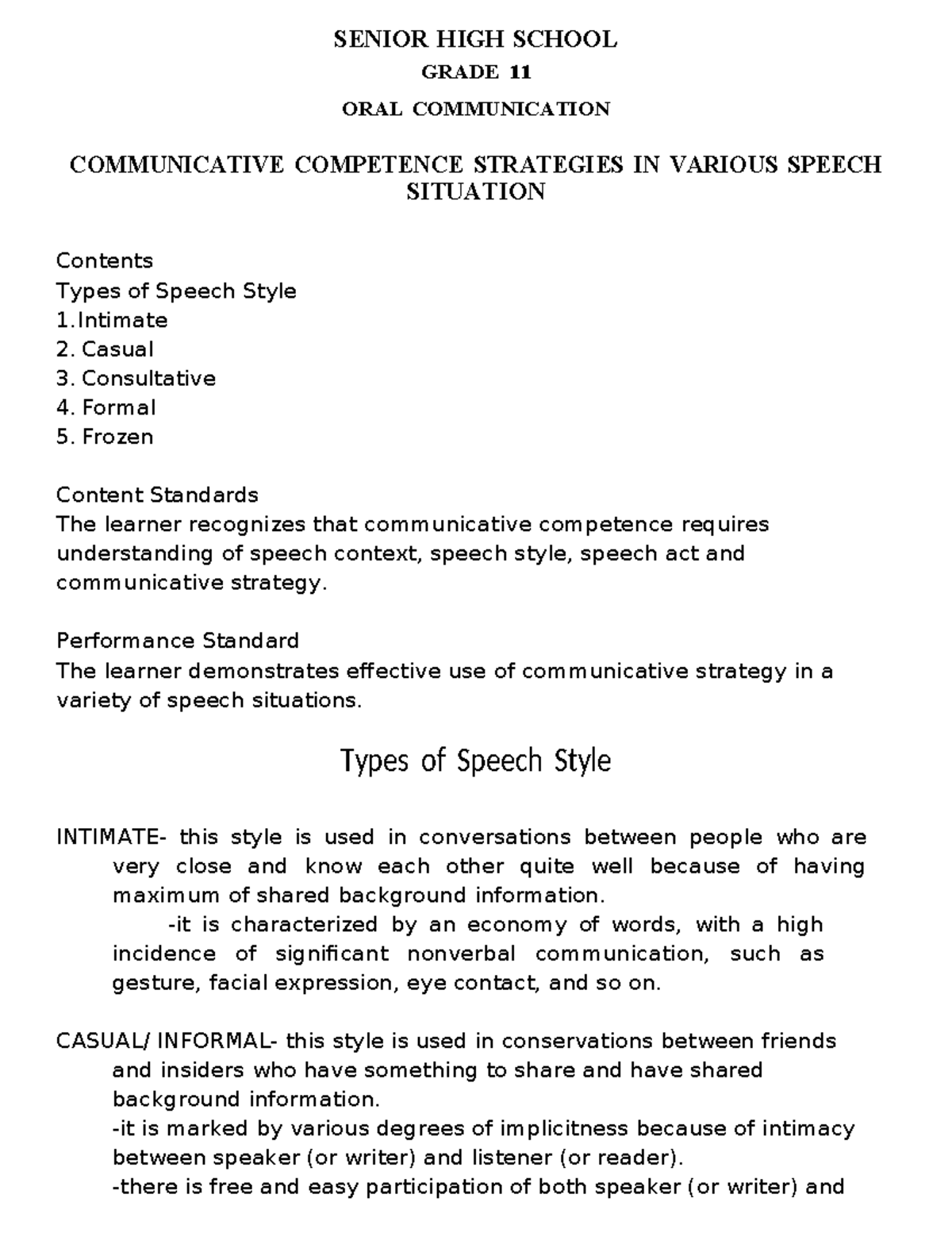 Comprehensive Guide to Speech Styles in Oral Communication (ORAL COM ...