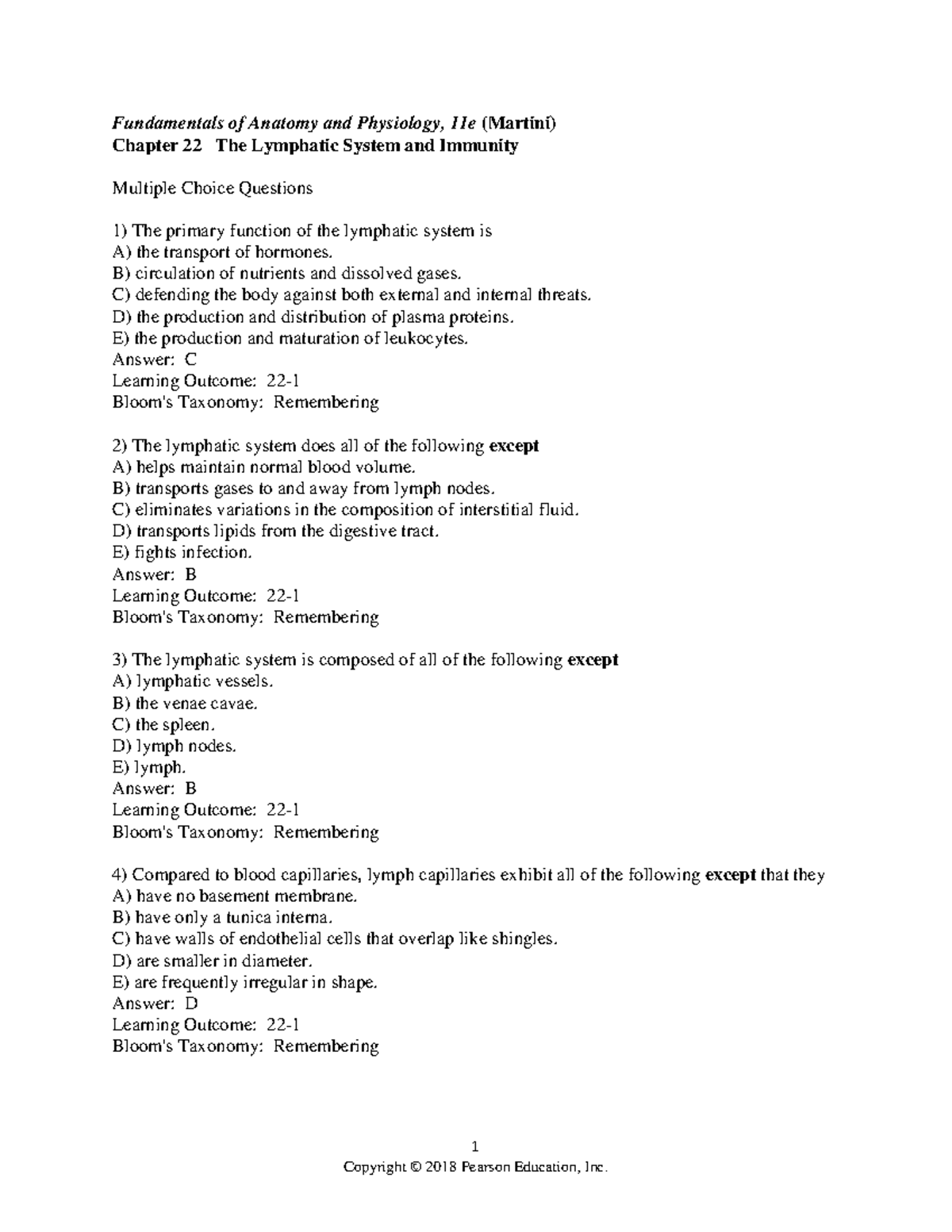 Anatomy & Physiology 11e (Martini) Chapter 22: Lymphatic System MCQs ...