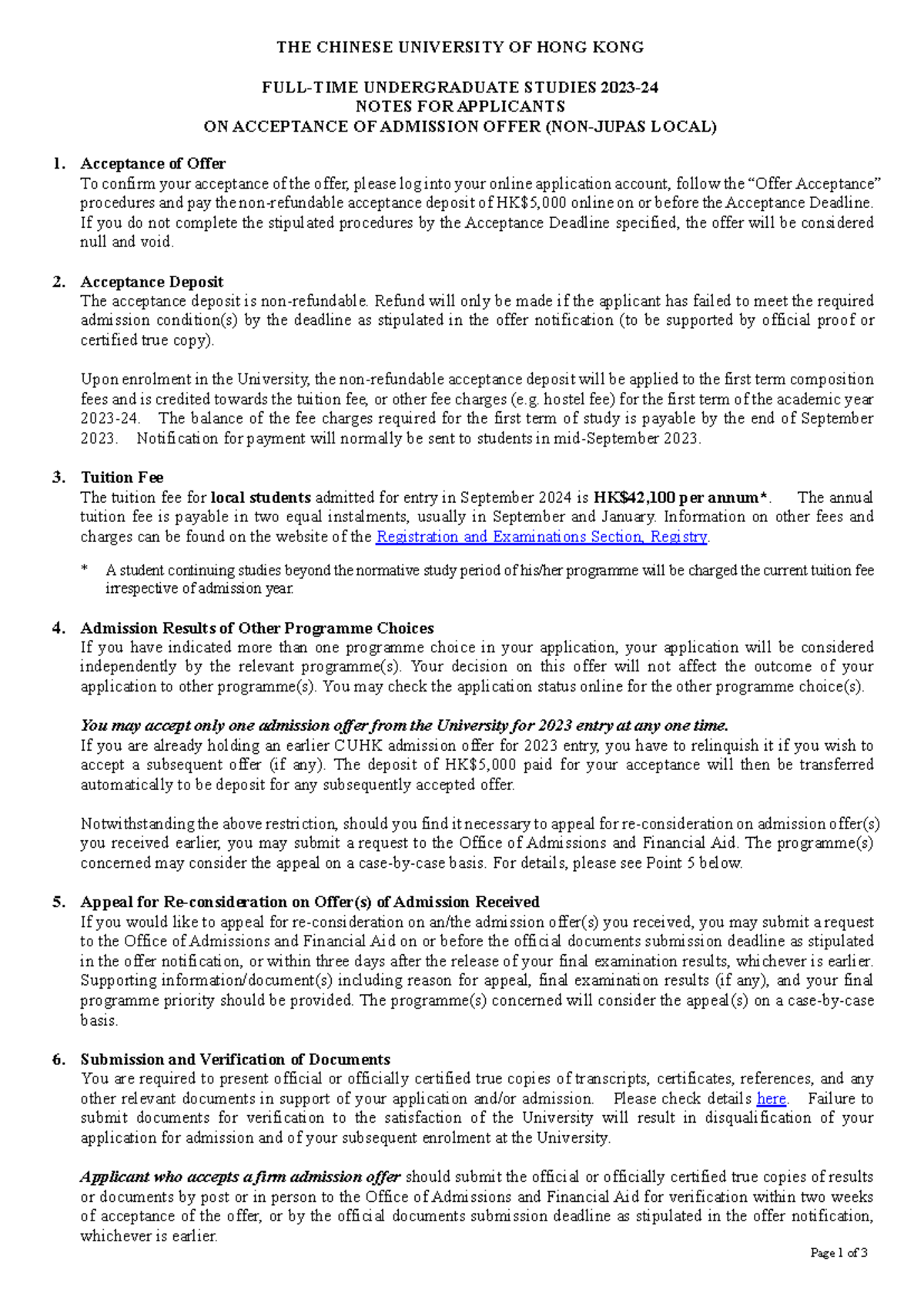 CUHK Full-Time UG Studies 2023: Admission Offer Acceptance Notes - Studocu