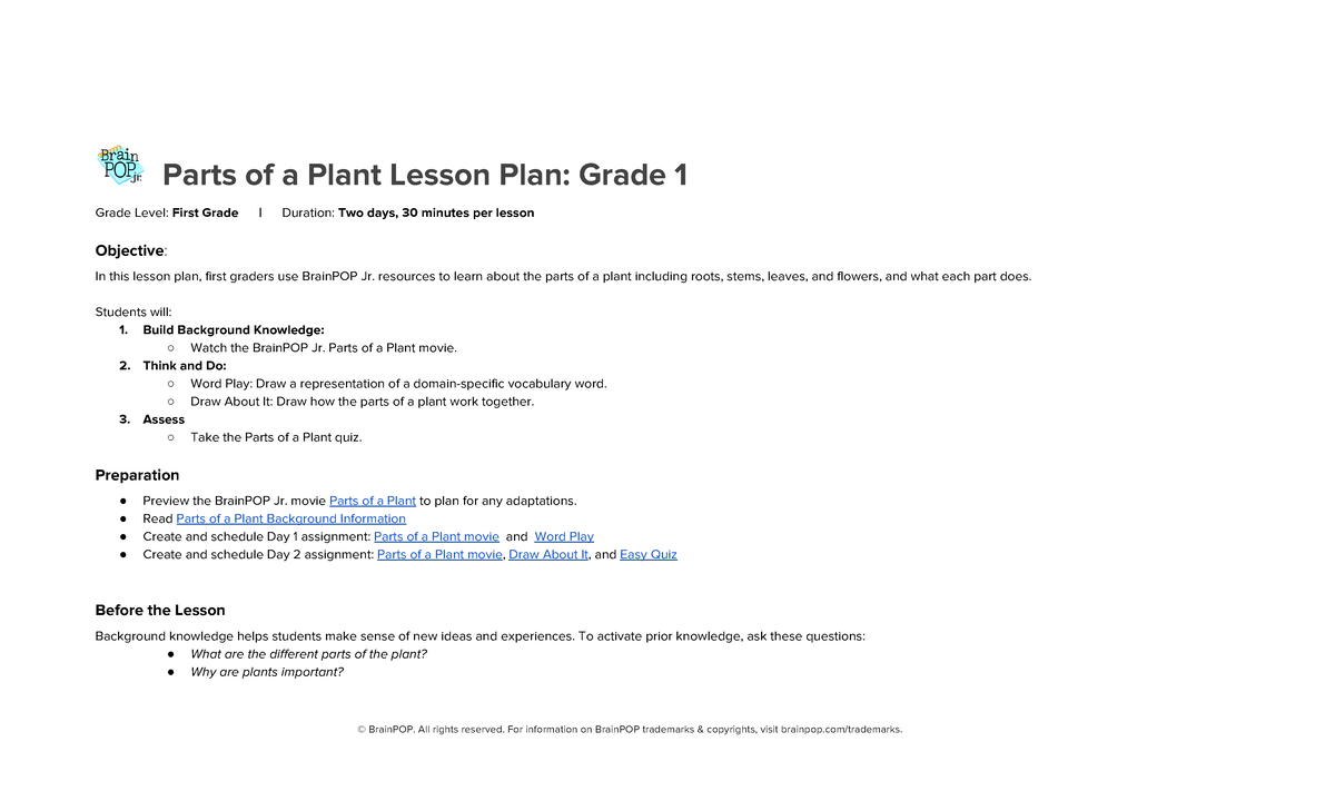 Grade 1 - Parts of a Plant Lesson Plan Detailed Guide - Studocu