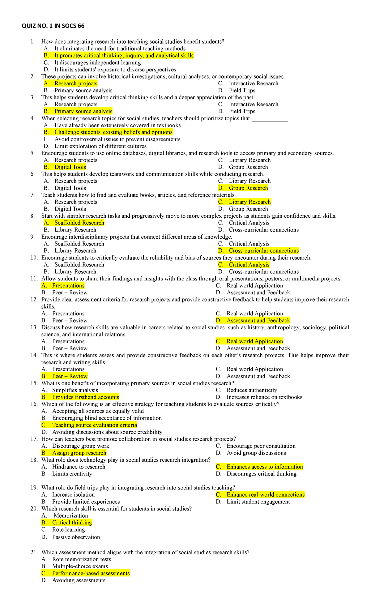 Answer Key for QUIZ NO. 1 in SOCS 66: Research Integration in Social ...