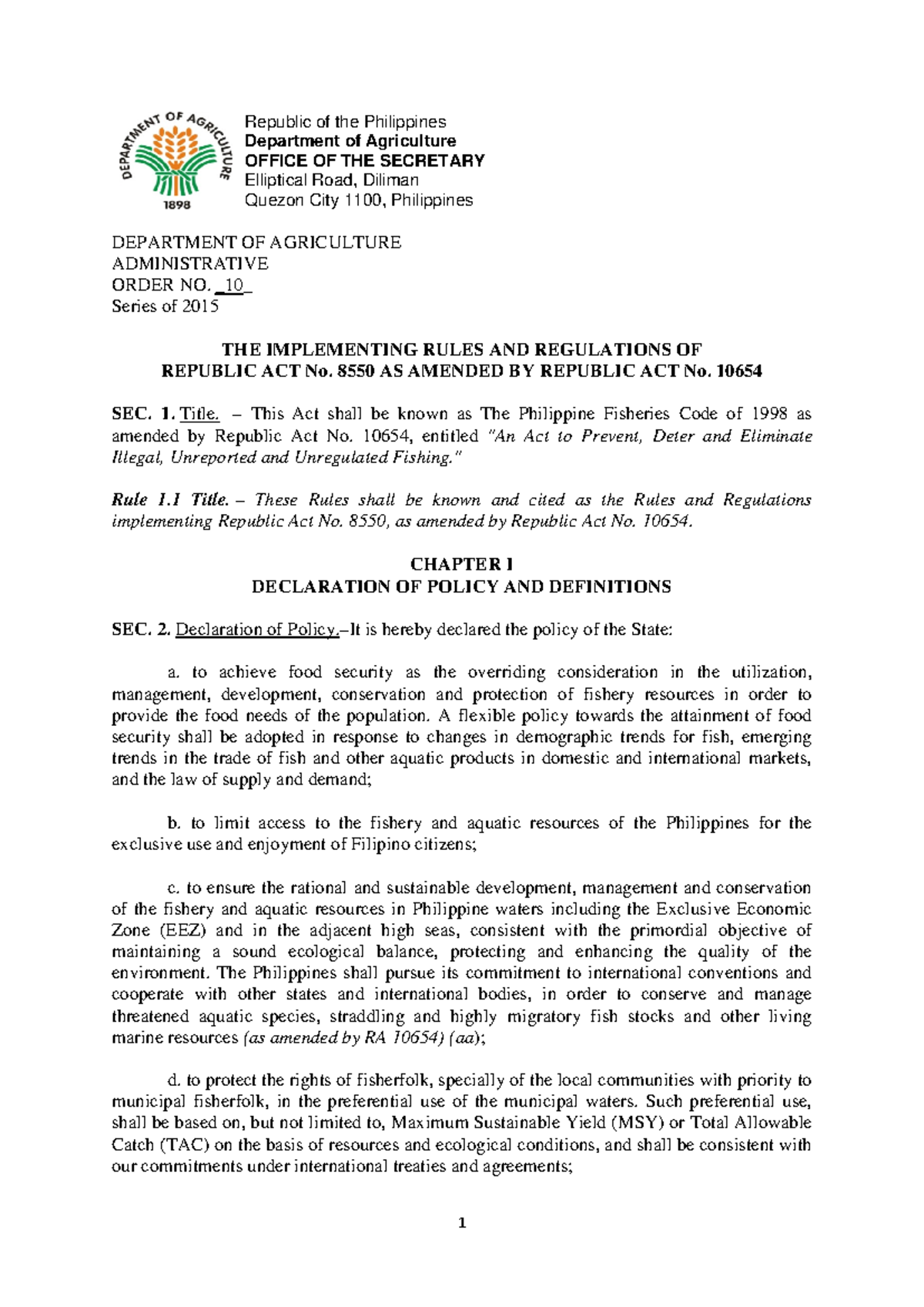 Implementing Rules & Regulations for R.A. 10654 - Fisheries Code - Studocu