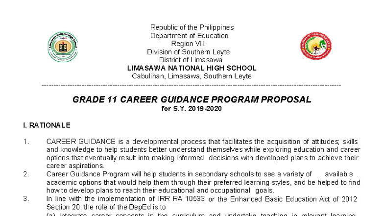 Grade 11 Career Guidance Program Proposal (11CGP - CSF) - Studocu