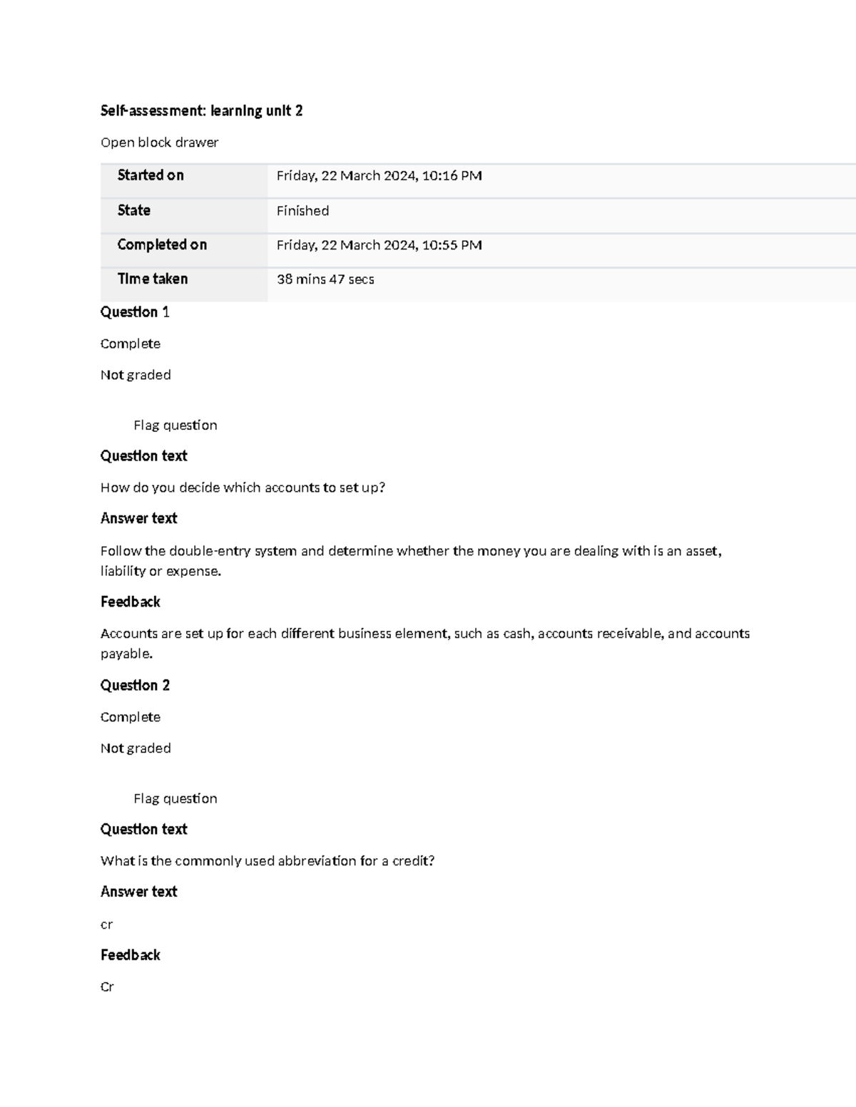 Self-Assessment for Learning Unit 2: Accounting Concepts & Principles ...