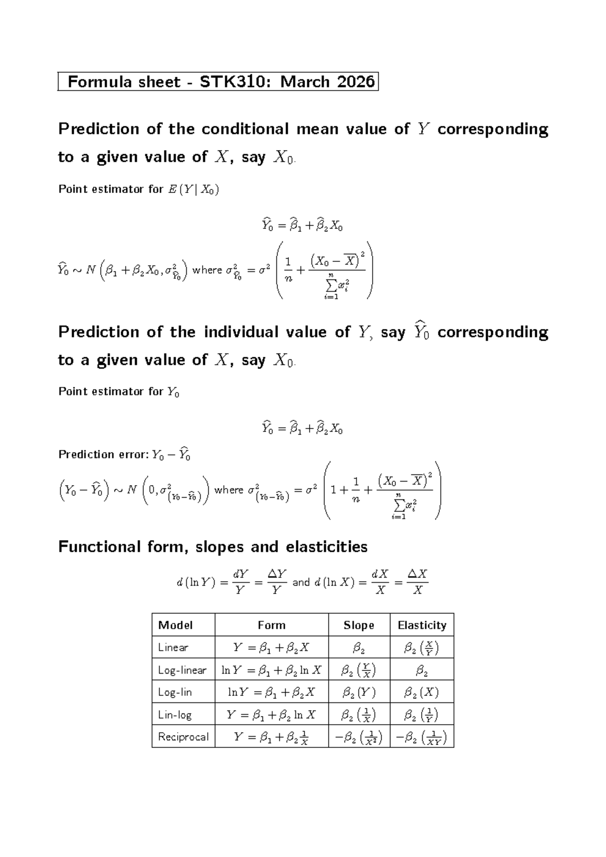 Formula Sheet STK310: Conditional Mean & Prediction Estimators - Studocu