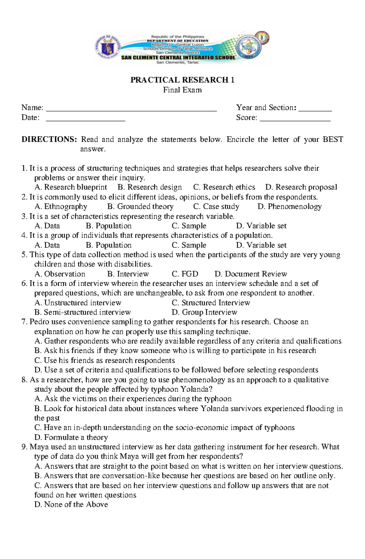 Practical Research 1 Final Exam Review: 4th Quarter Test Guide - Studocu