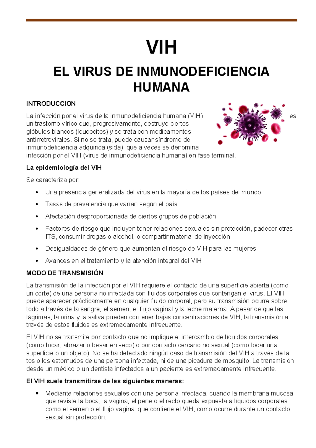 VIH - Descripción de Causas, Efectos y Prevención del Virus - Studocu