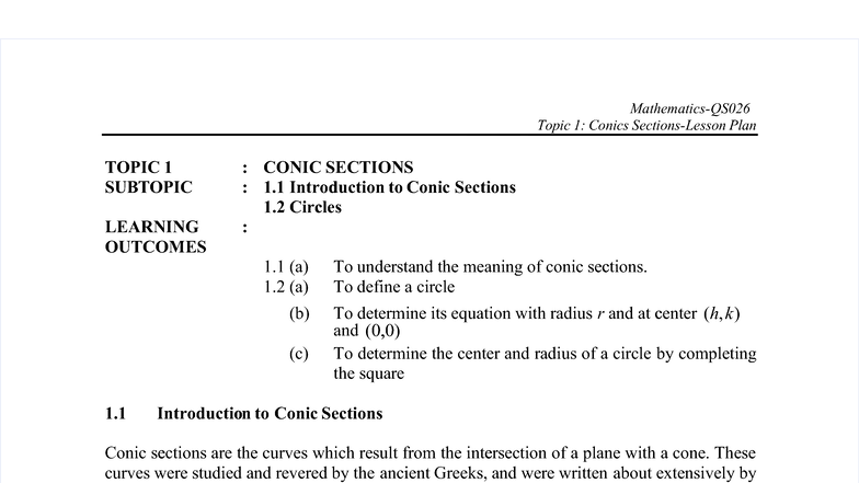 Conic Sections Lecture Notes for MAT 101 - Studocu