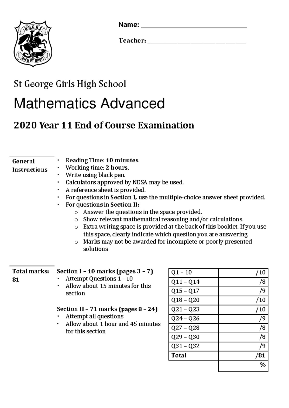 Year 11 Mathematics Advanced 2020 End of Course Exam - St George Girls ...