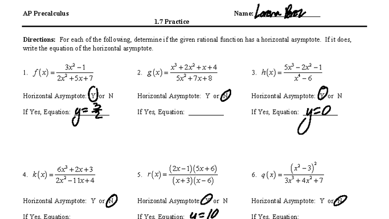 AP Precalculus 1.7 Horizontal Asymptotes Practice Guide - Studocu
