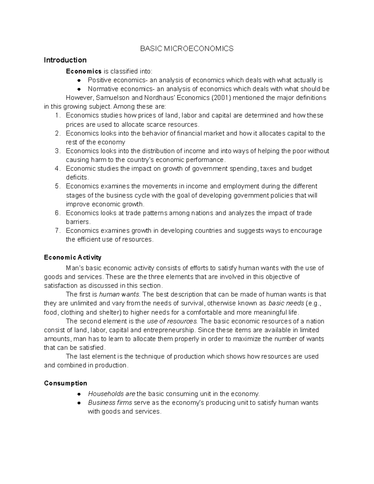 BA1 Basic Microeconomics - Preliminary Study Notes and Concepts - Studocu