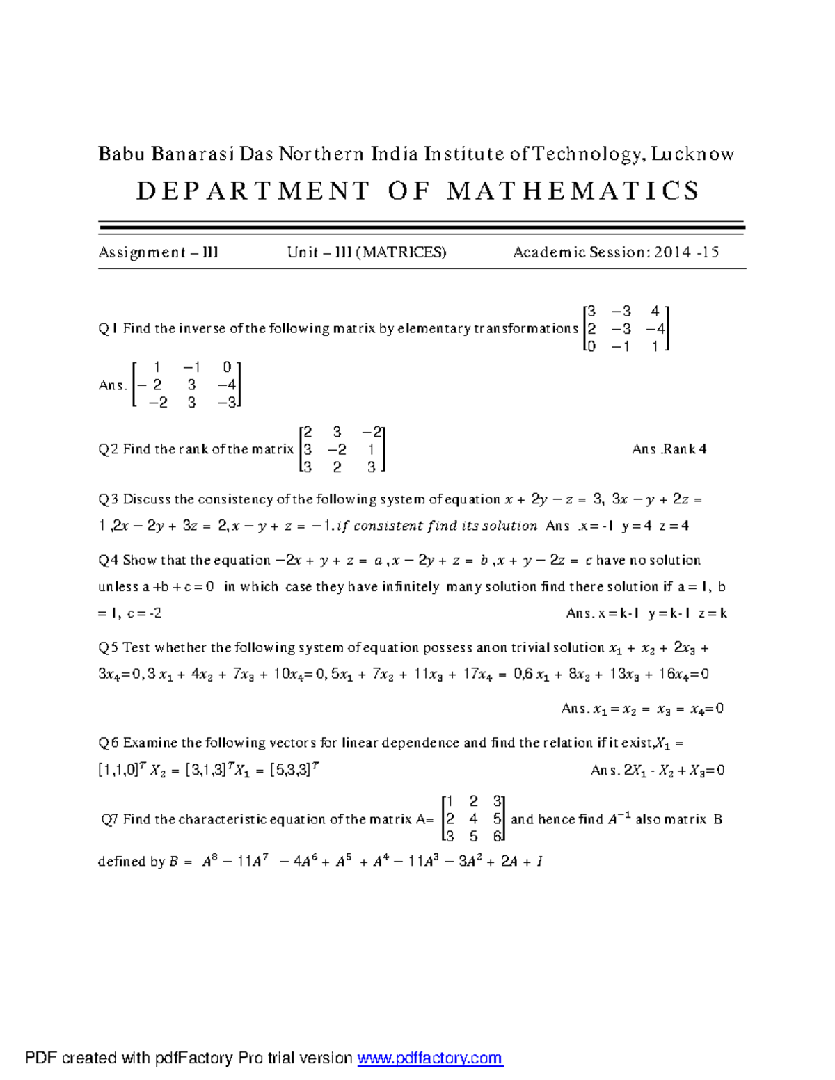 MATRICES Assignment-3 (koe081): Inverse, Rank, and Solutions - Studocu