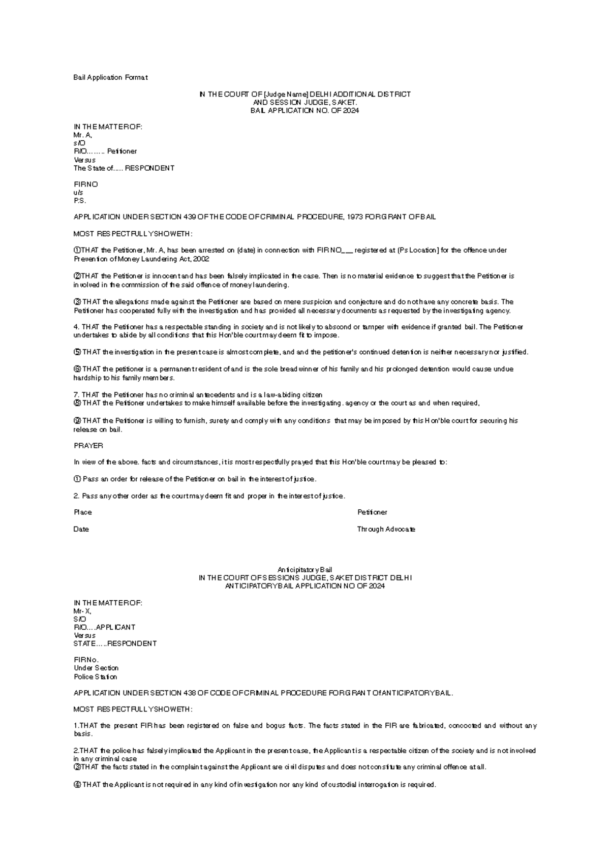 Bail Application Format & Legal Drafting Notes (CrPC) - Studocu