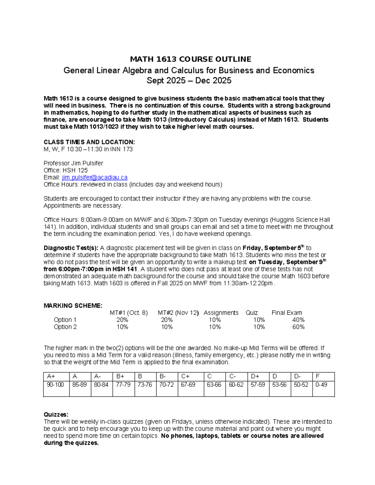 MATH 1613 Course Outline: Linear Algebra & Calculus for Business (Sept ...