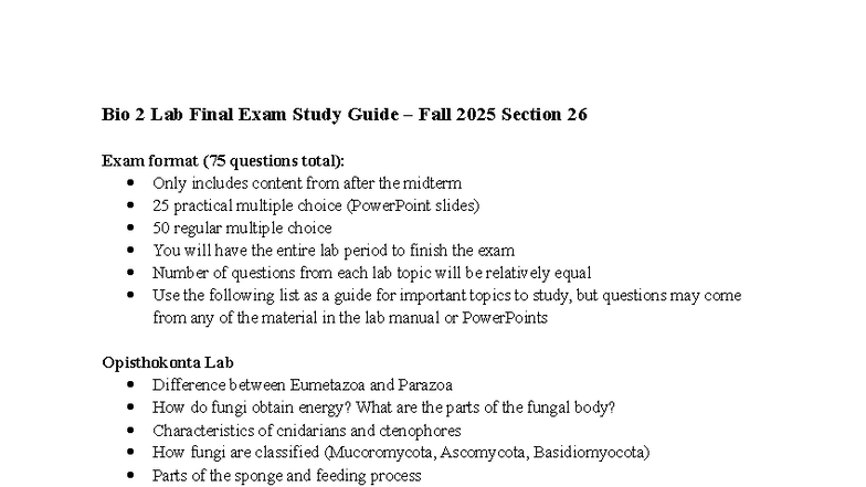 Bio 2 Lab Final Exam Study Guide Fall 2025 Sec 26 - Studocu
