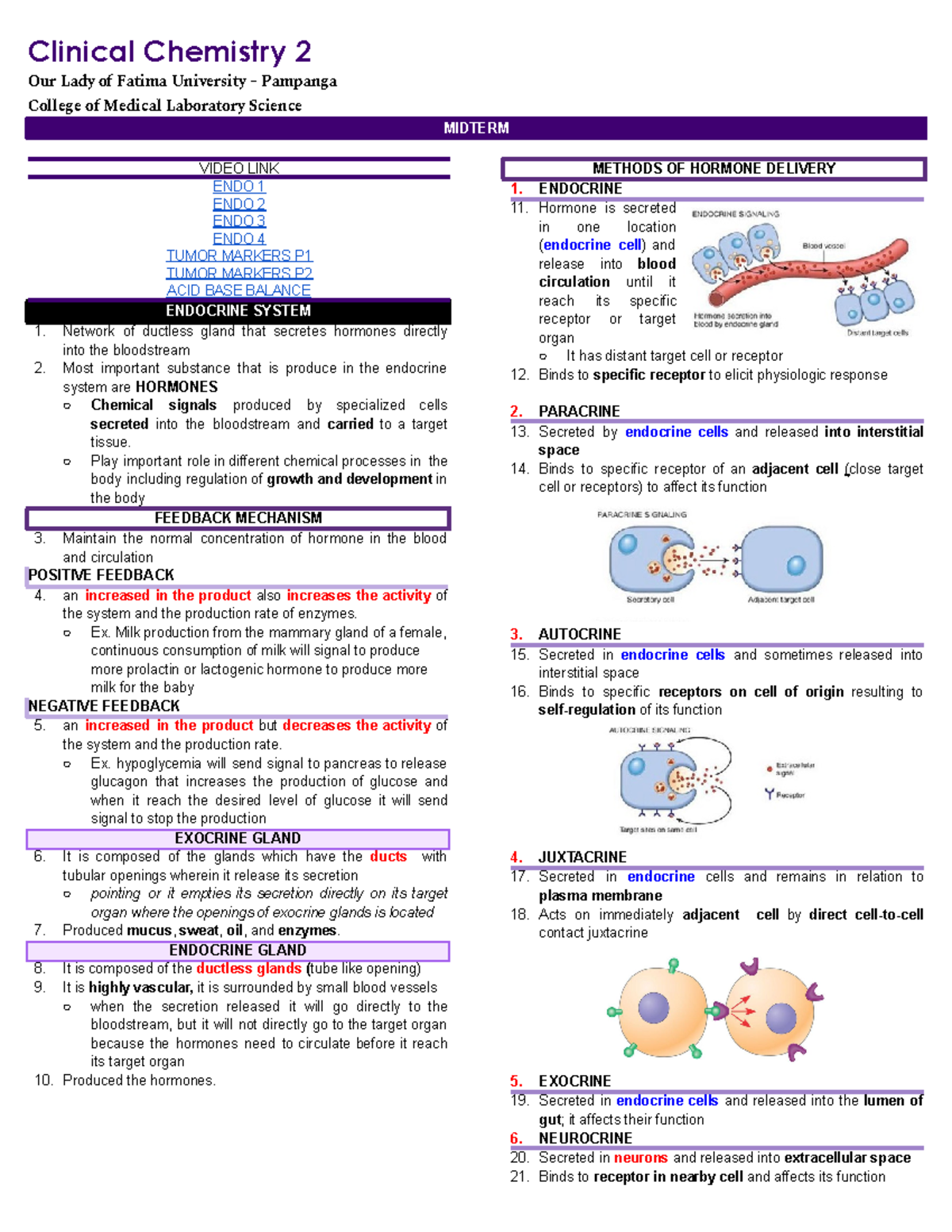 CCHM 2 Midterm Lecture Notes on Endocrine and Hormonal Functions - Studocu