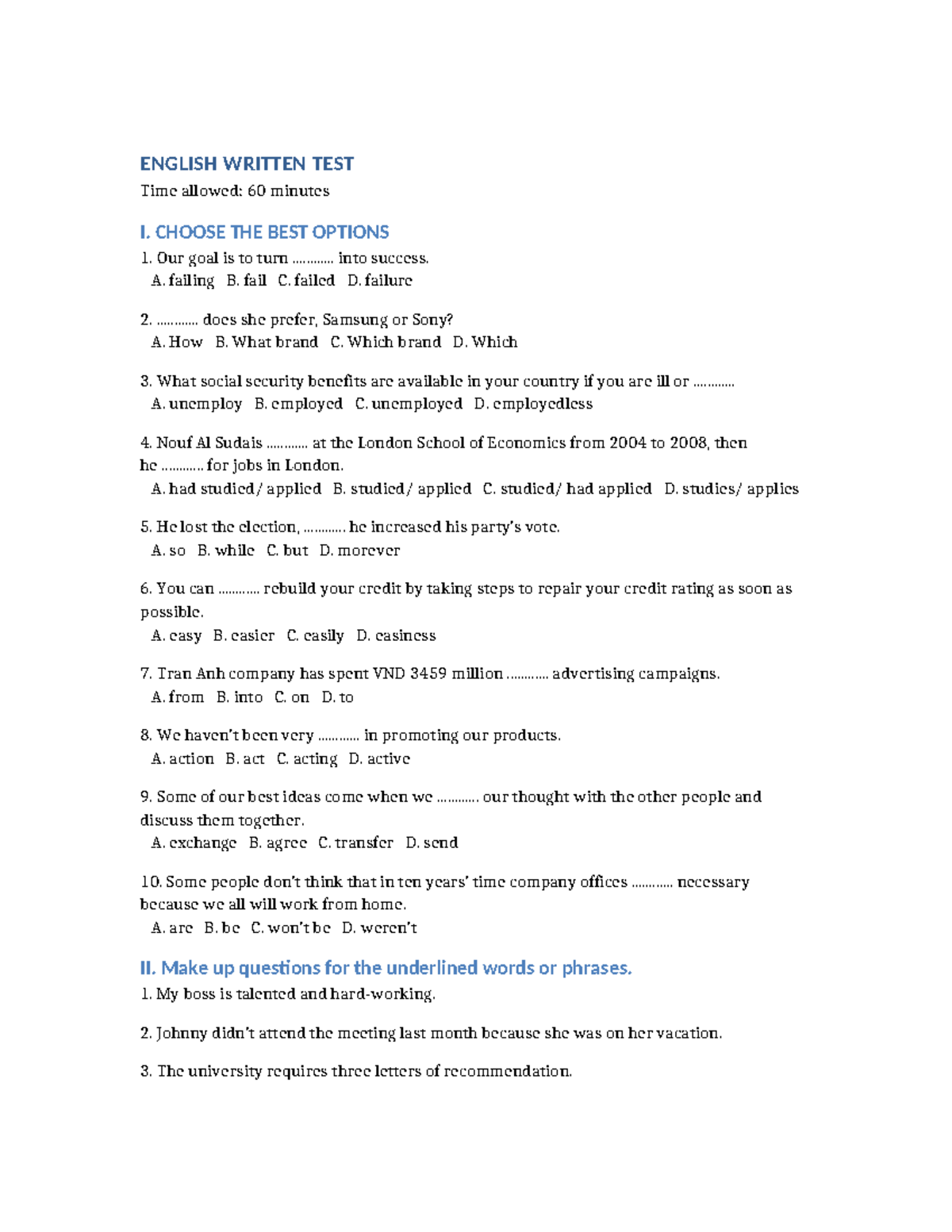 English written test - multiple choice questions and answers - Studocu