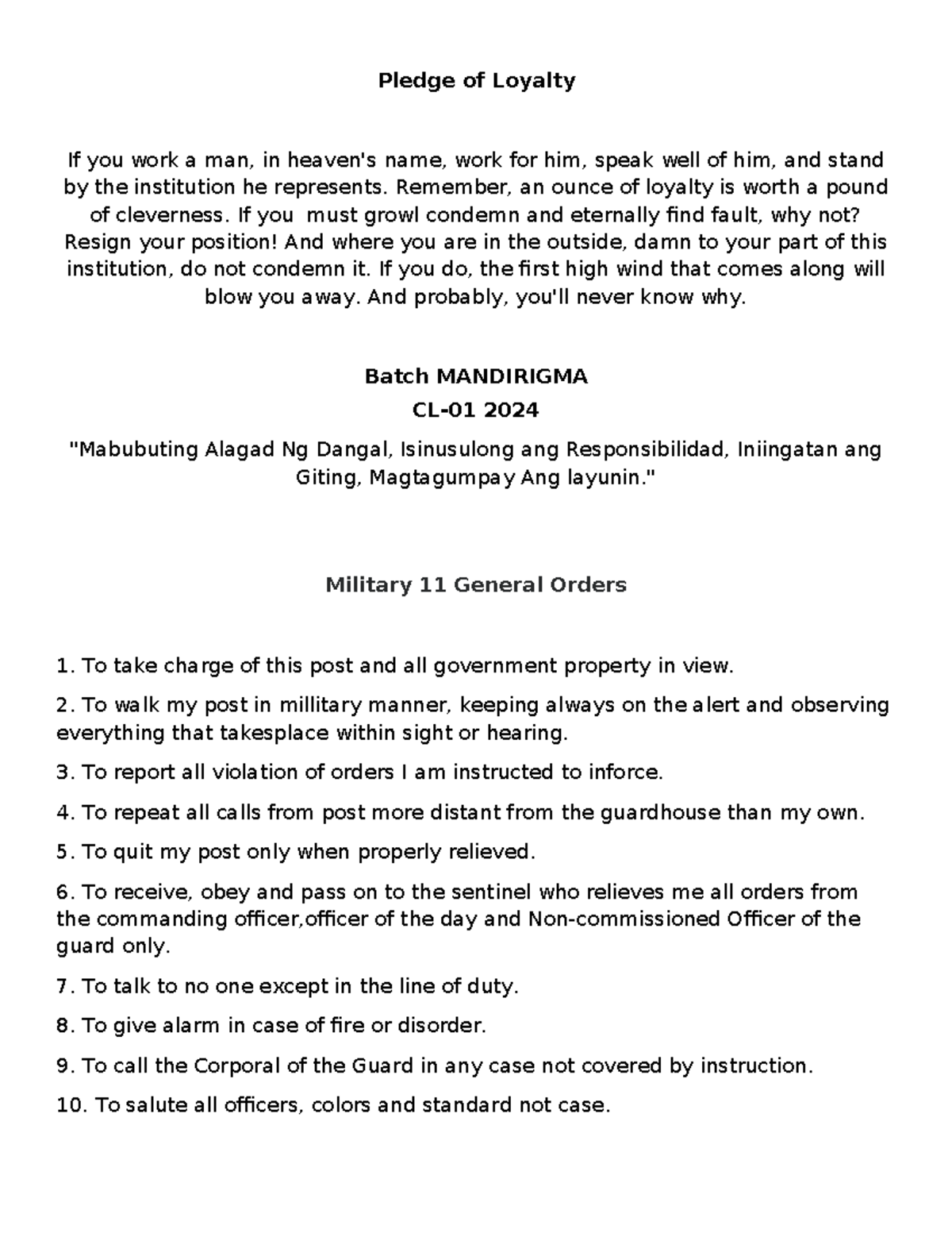 Military Oath and General Orders - PKM ROTC CL-01 2024 - Studocu
