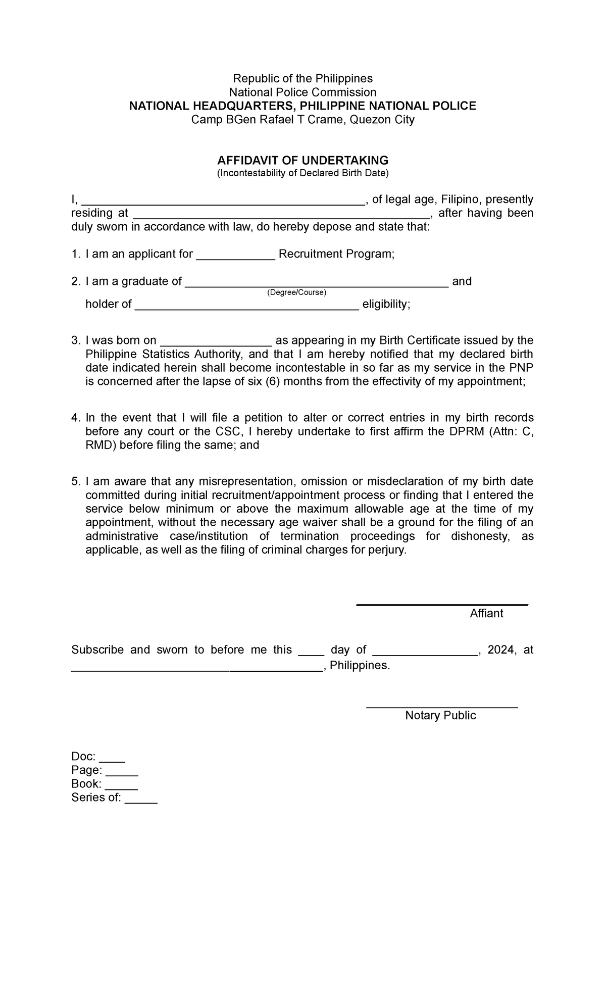 Affidavit of Undertaking for Incontestability of Birth Date - Studocu
