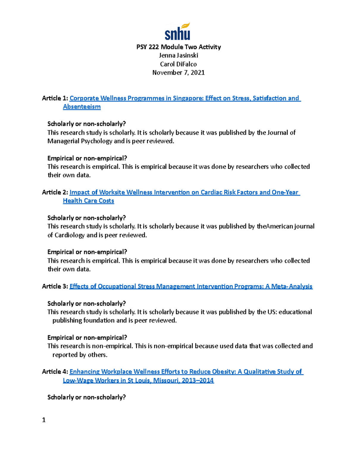 PSY Module 2 Worksheet on Research Methods in Workplace Wellness - Studocu