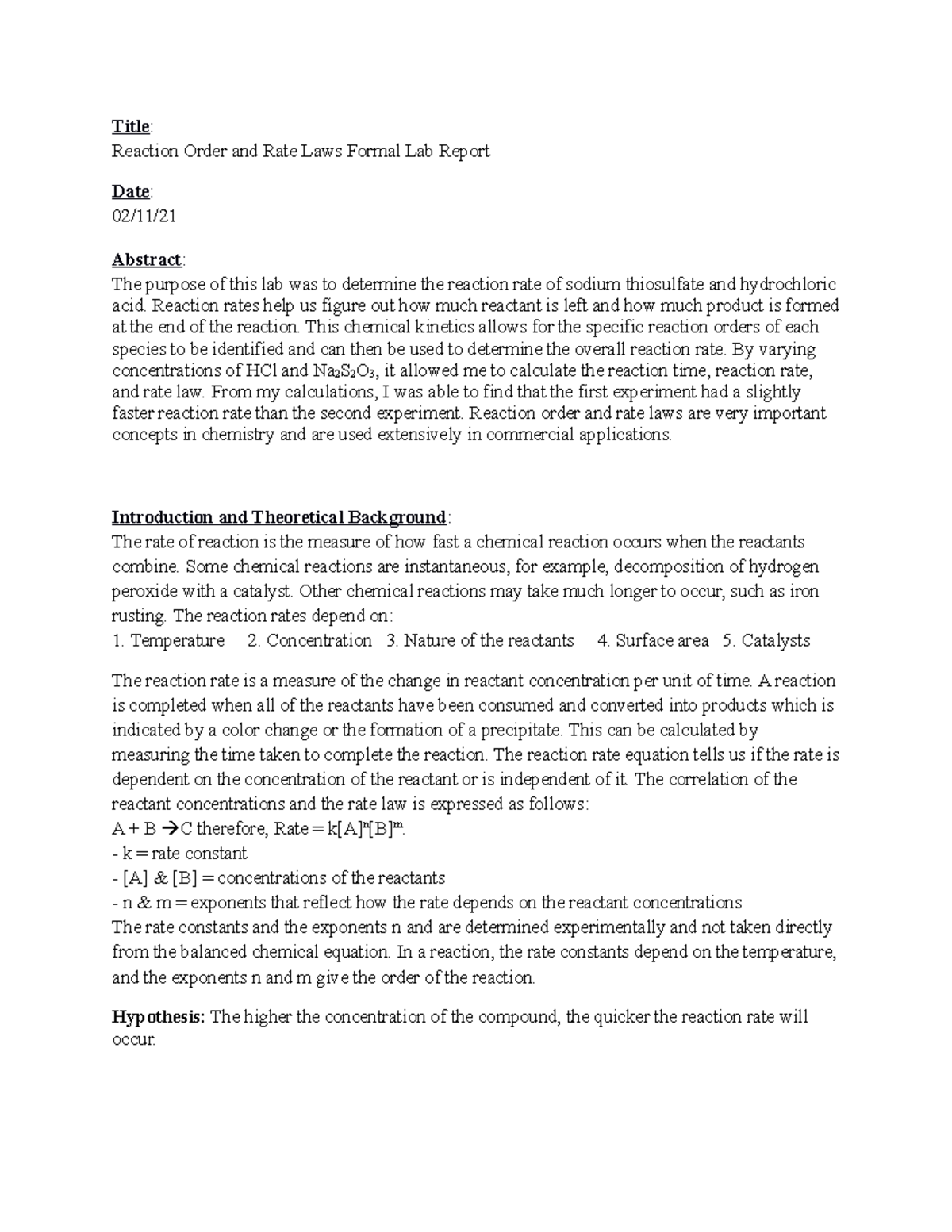 Chemistry Lab Report: Reaction Order & Rate Laws (CHM101) - Studocu