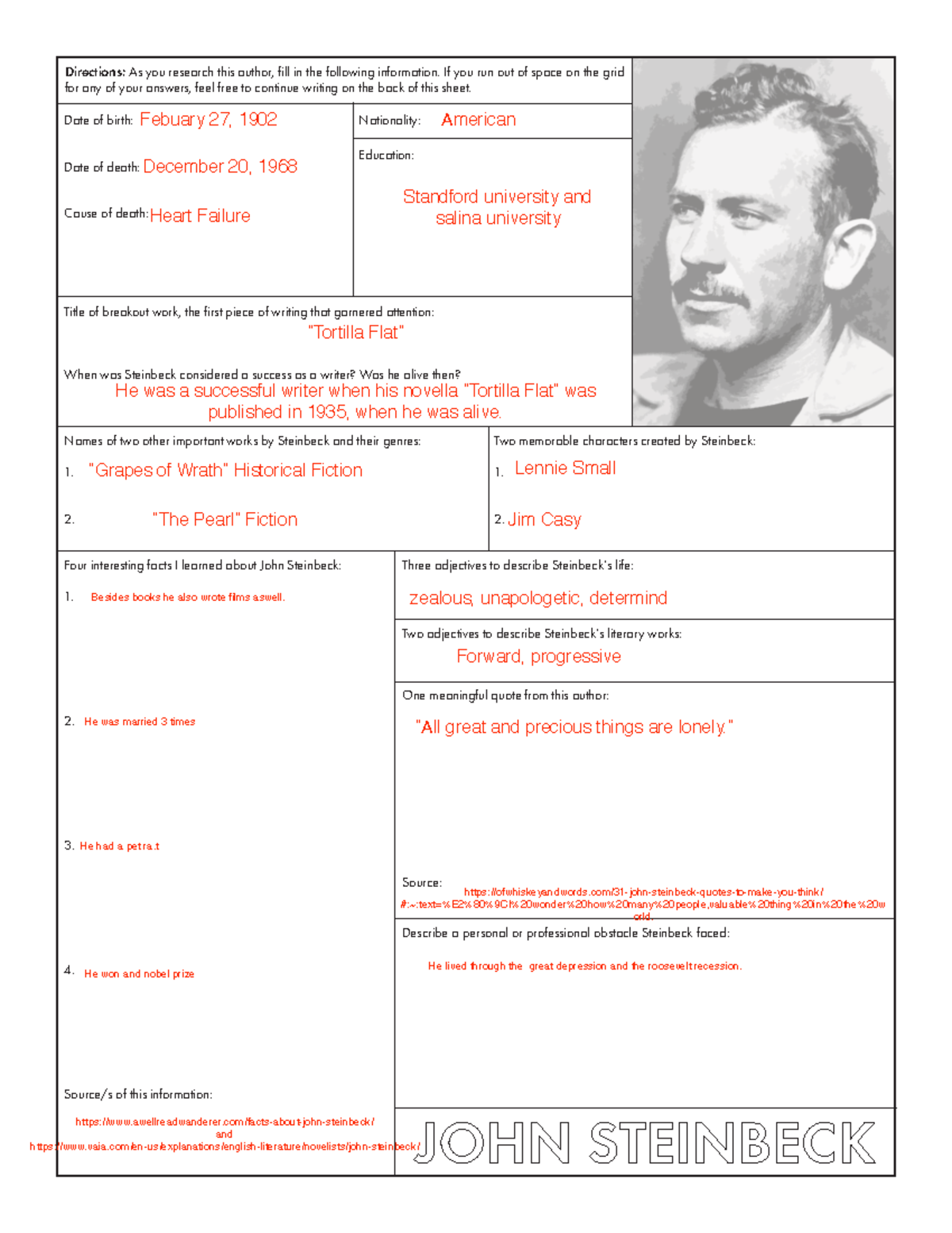 Steinbeck Author Bio Grid - Directions: As you research this author ...