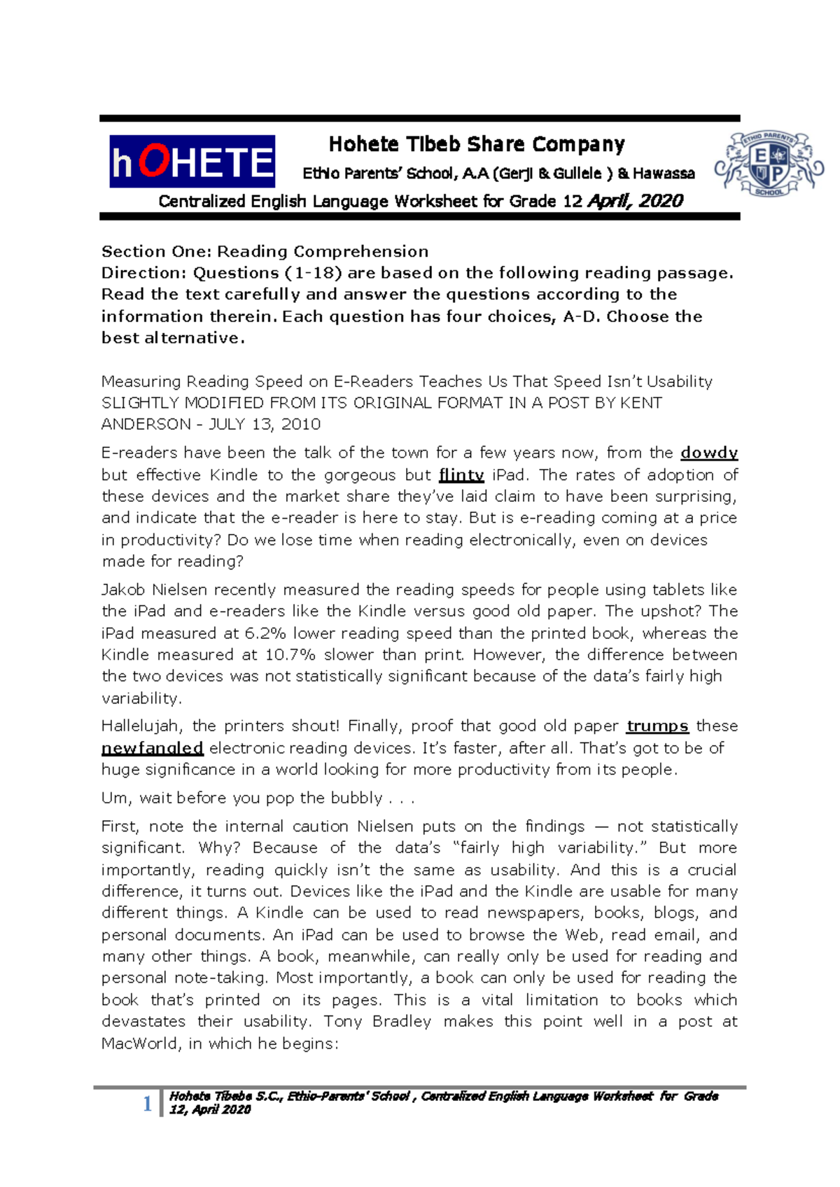 Grade 12 - English Language Worksheet: Reading Comprehension & Grammar ...
