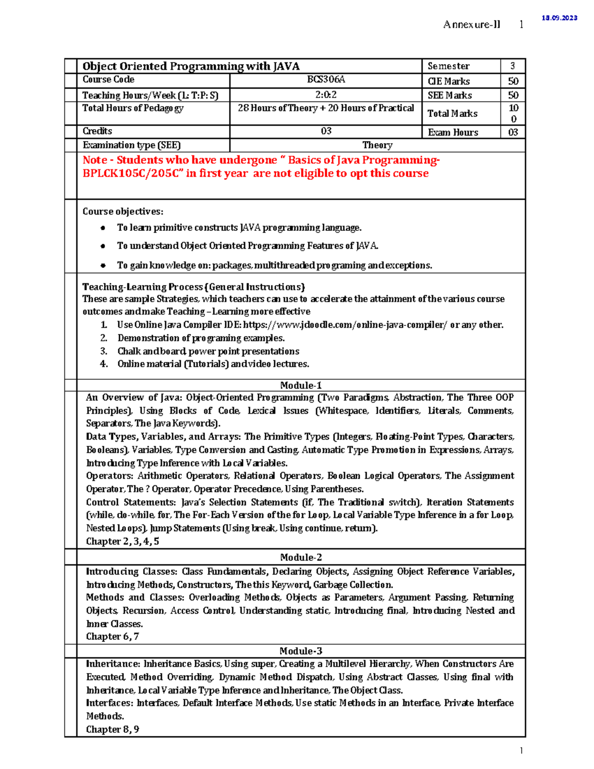 BCS306A Java Programming Syllabus: Object Oriented Concepts and Practices - Studocu