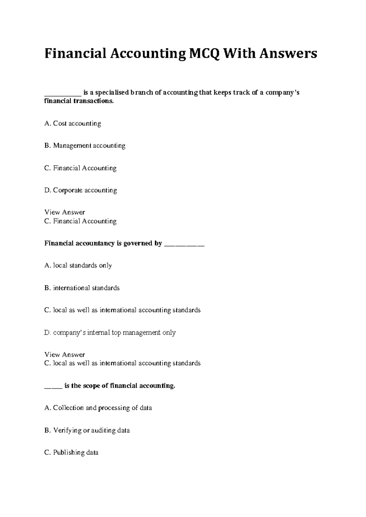 Financial Accounting MCQs & Answers: Comprehensive Study Guide - Studocu