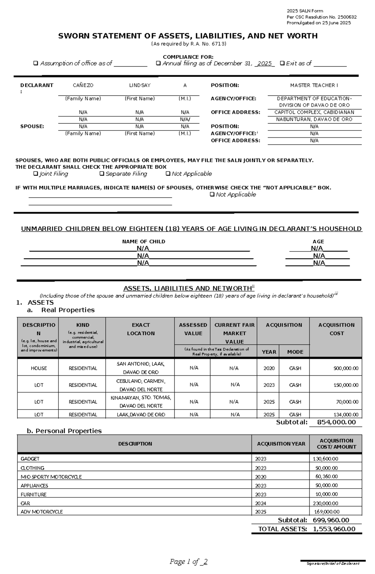 2025 SALN Form Submission Guidelines for Master Teacher I - Studocu