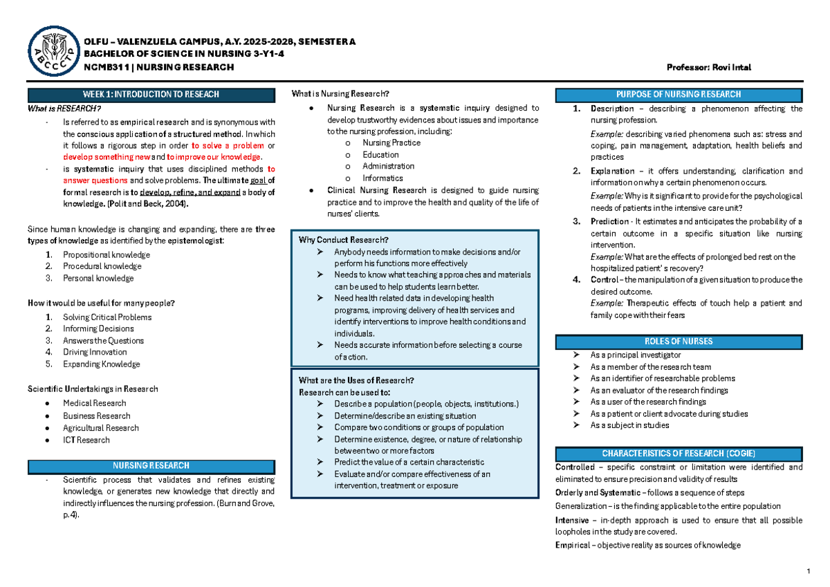 2526 NCMB311 - Prelim Reviewer - BACHELOR OF SCIENCE IN NURSING 3 - Y 1 ...