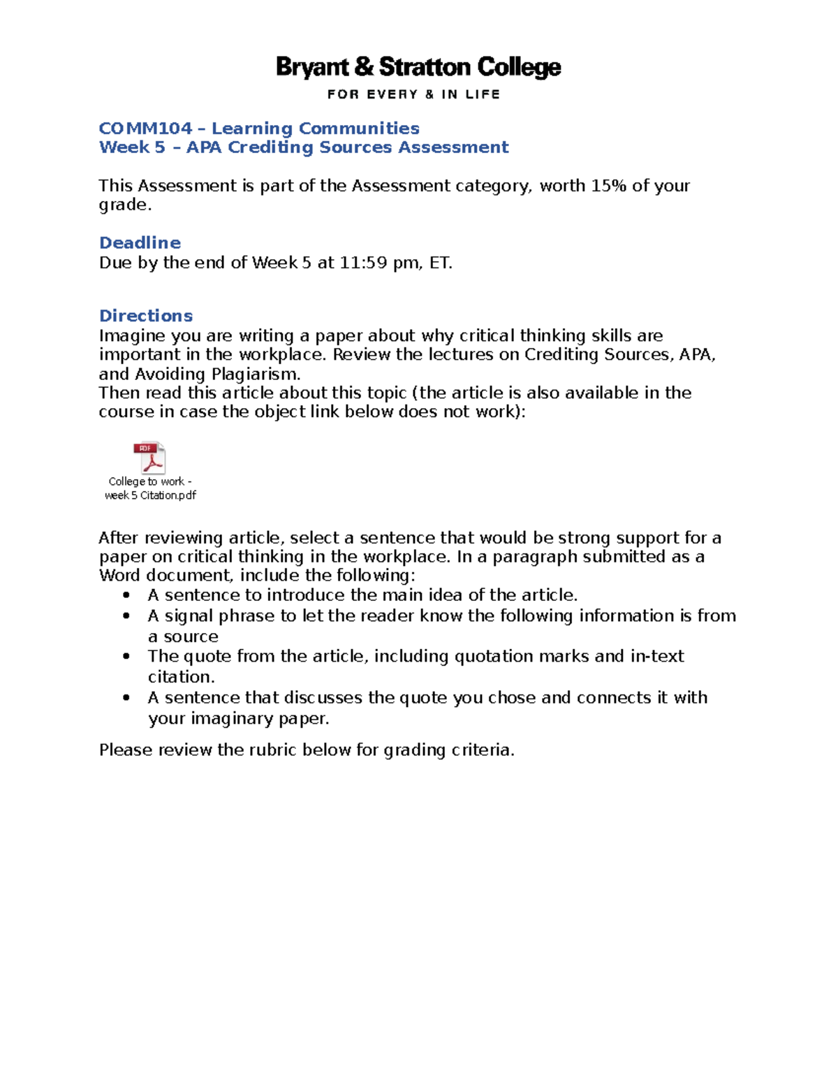 COMM105 - W5 APA Crediting Sources Assessment - COMM104 – Learning ...