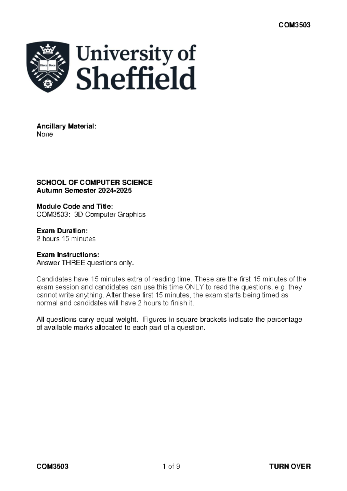 COM3503: 3D Computer Graphics Past Exam Paper Overview - Studocu