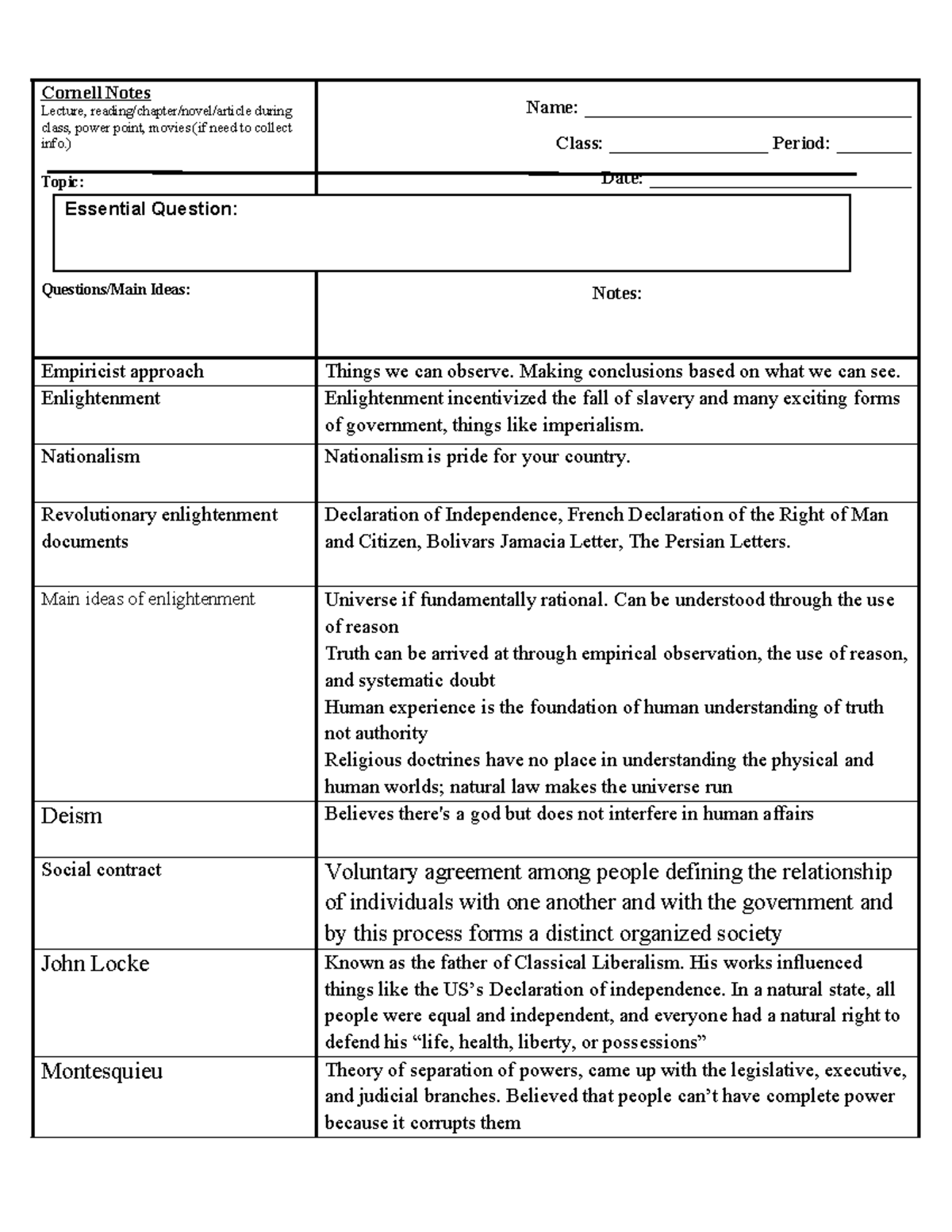 Cornell Notes: Enlightenment Overview for Class Discussion - Studocu