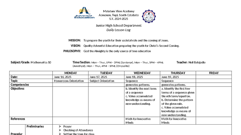 1DLL Math 10 Daily Lesson Log: June 16-19, 2025 - Studocu
