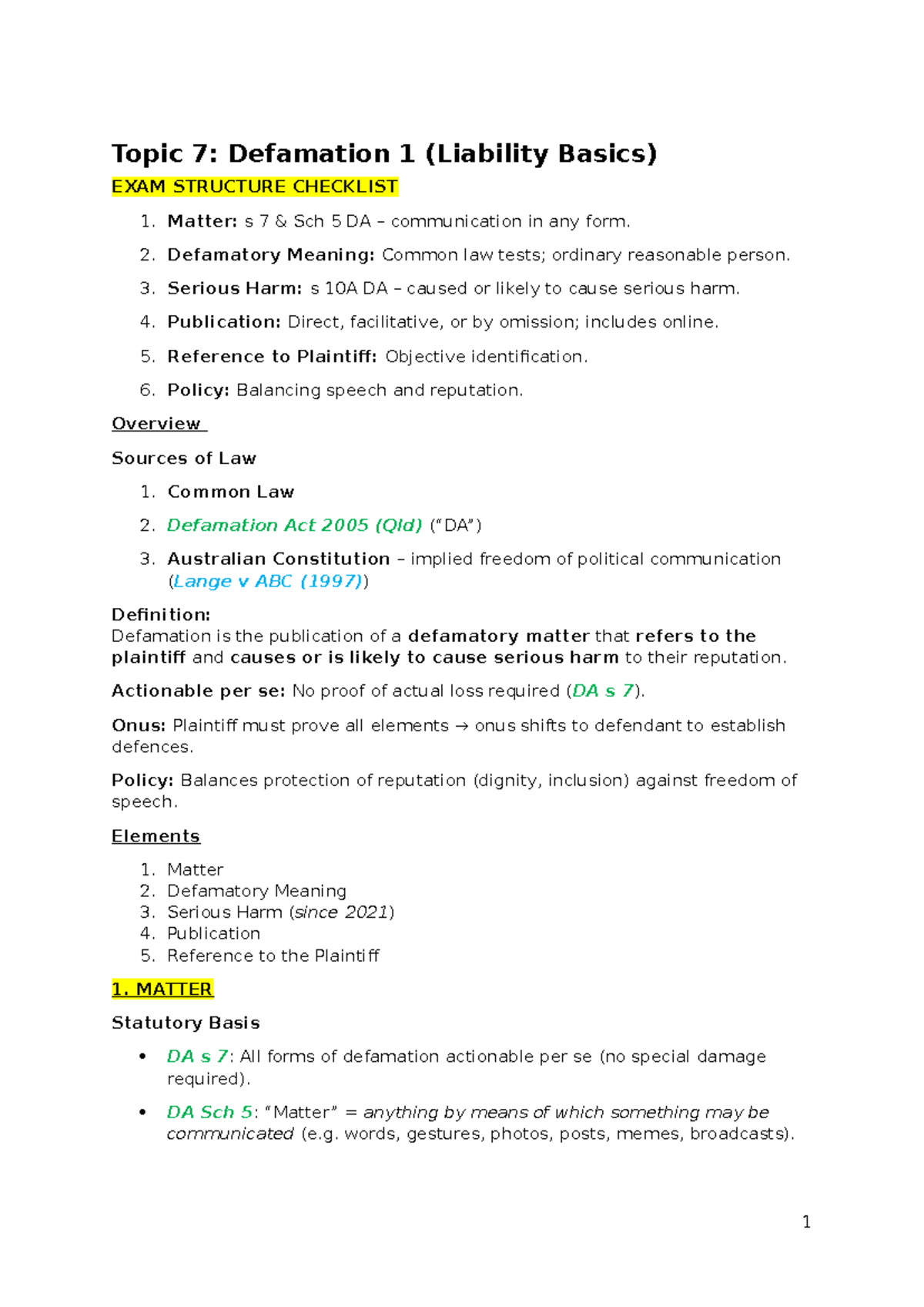 LAWS2703 Defamation Topics 7 & 8: Exam Structure & Key Concepts - Studocu