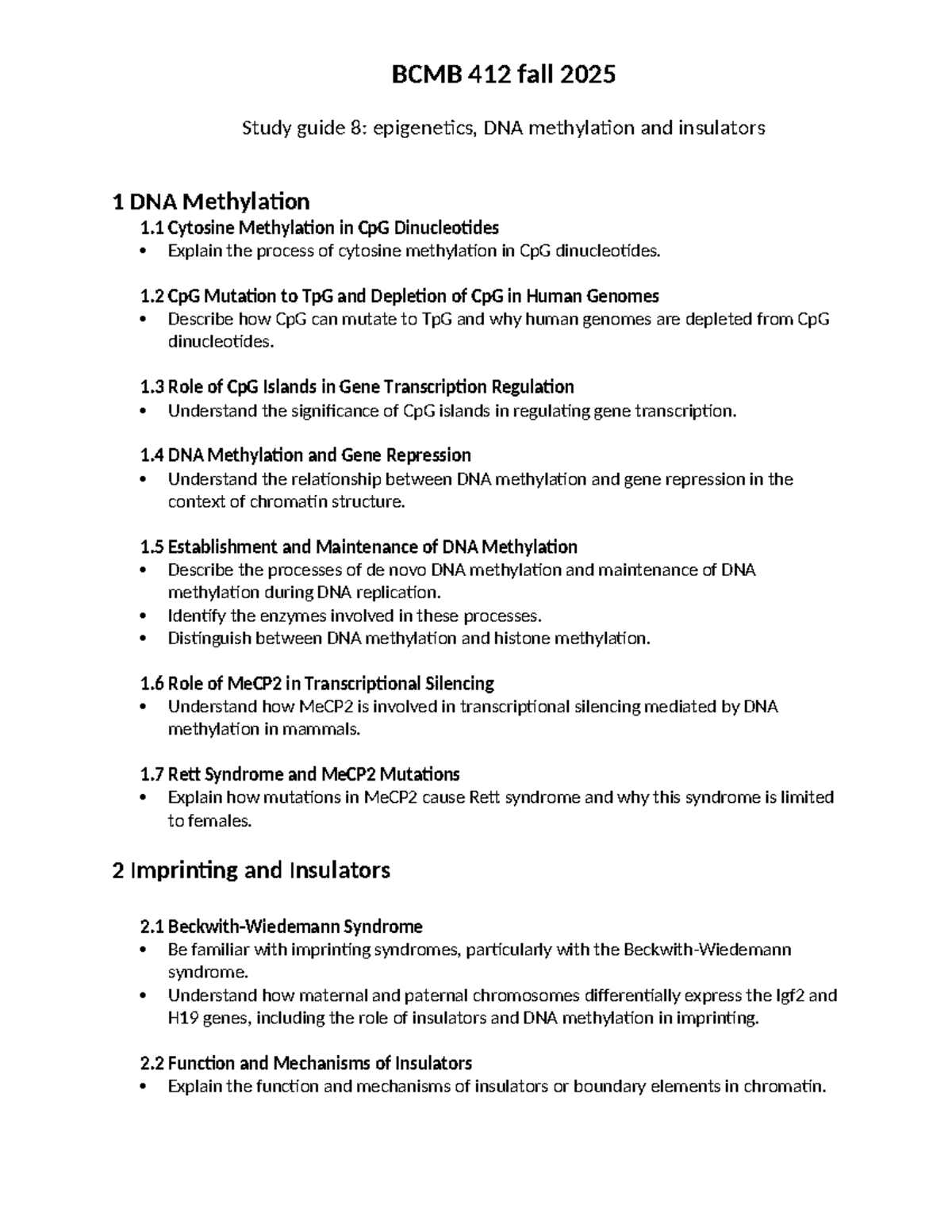 BCMB 412 Fall 2025 Study Guide 8: Epigenetics & DNA Methylation ...