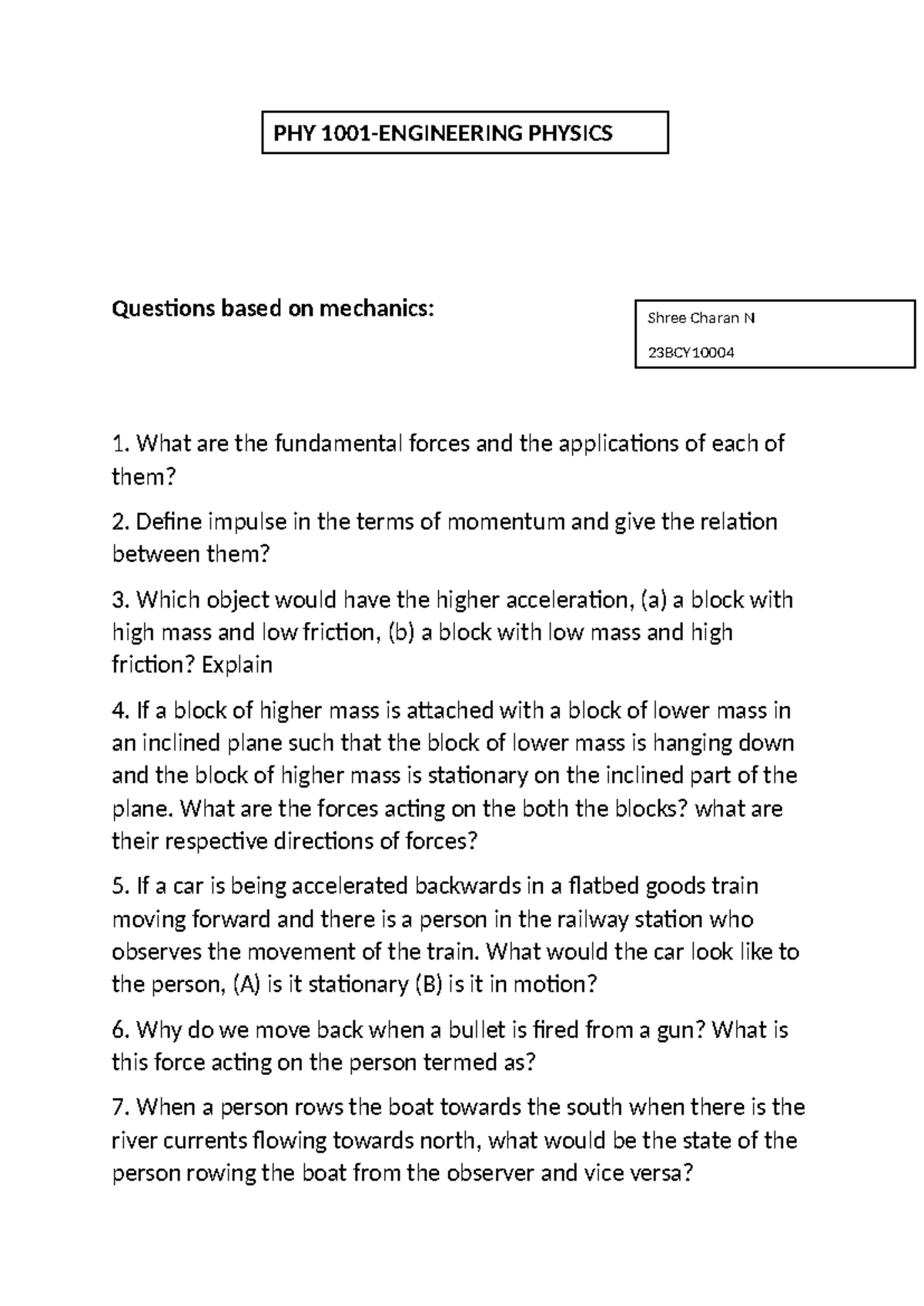 PHY 1001 Mechanics Questions: Fundamental Forces & Motion - Studocu