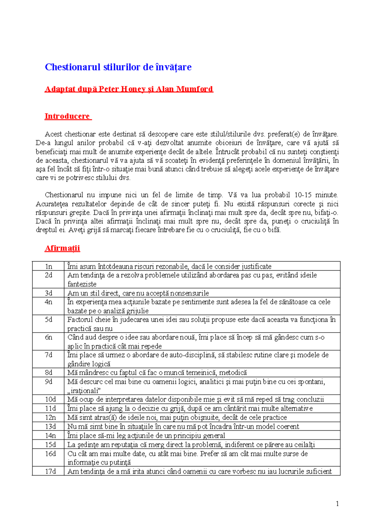 Stiluri de invatare chestionar Honey Mumford - Chestionarul stilurilor ...