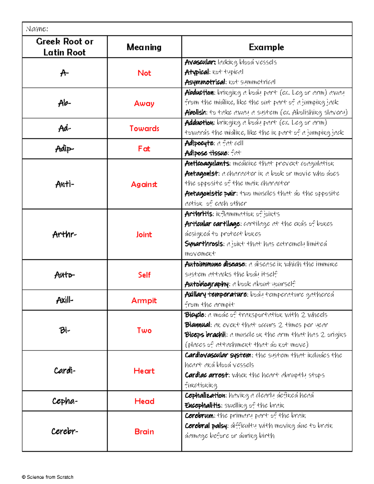 Medical Terminology Root Words and Their Meanings - Study Guide (BIO ...