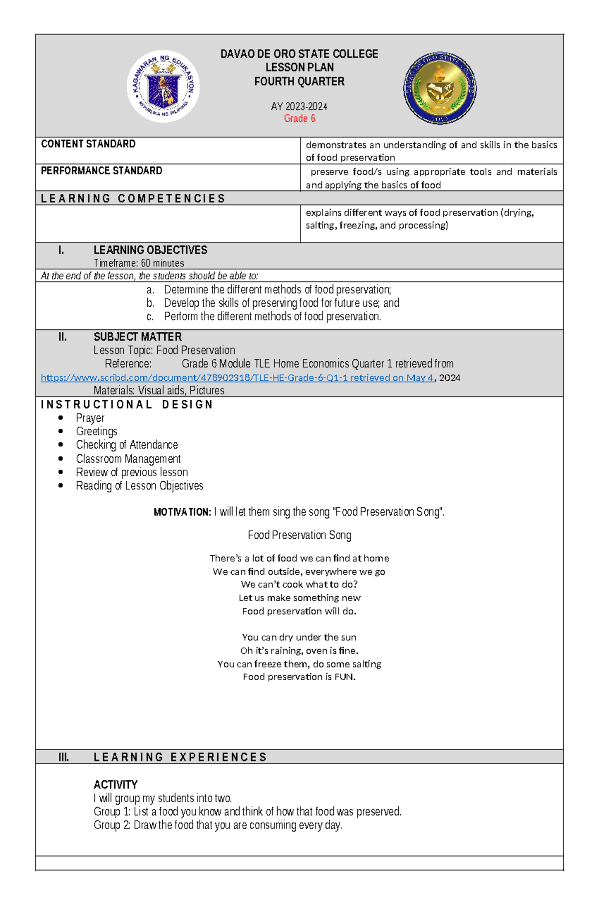 EPP 6th Grade Lesson Plan: Food Preservation Techniques Overview - Studocu