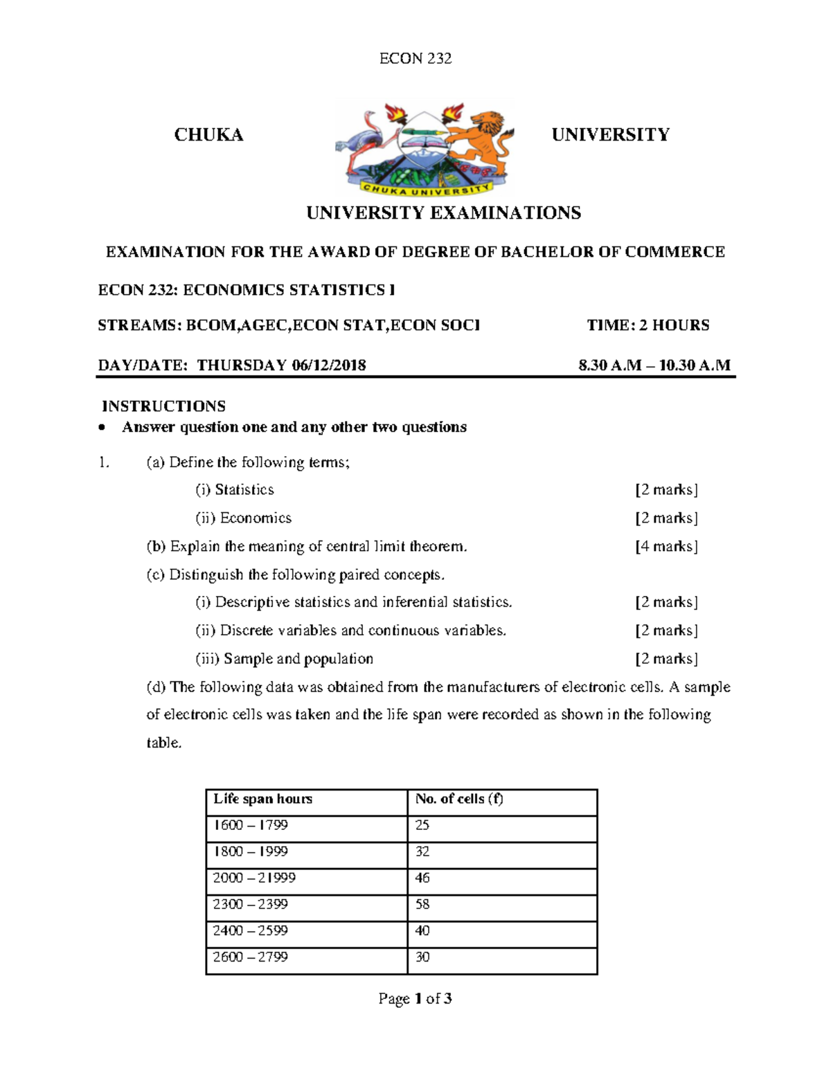 ECON 232: Economics Statistics I Examination Questions and Guidelines ...