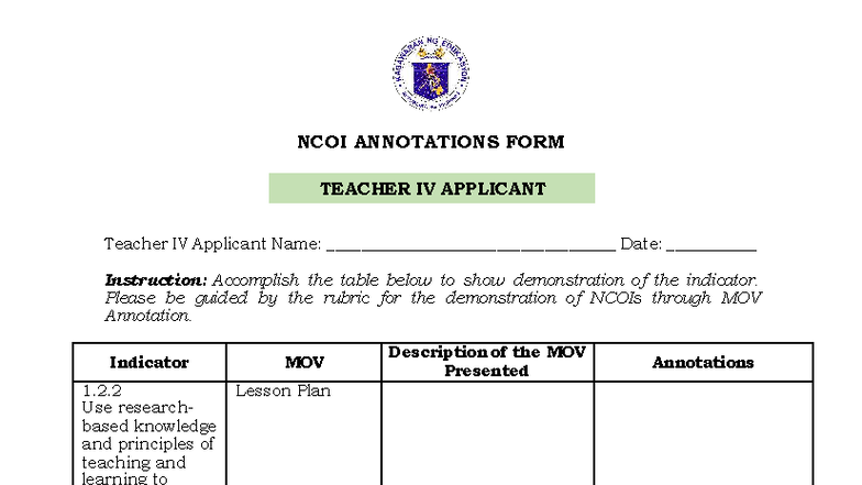 NCOI Annotations Form for Teacher IV Applicant Evaluation - Studocu