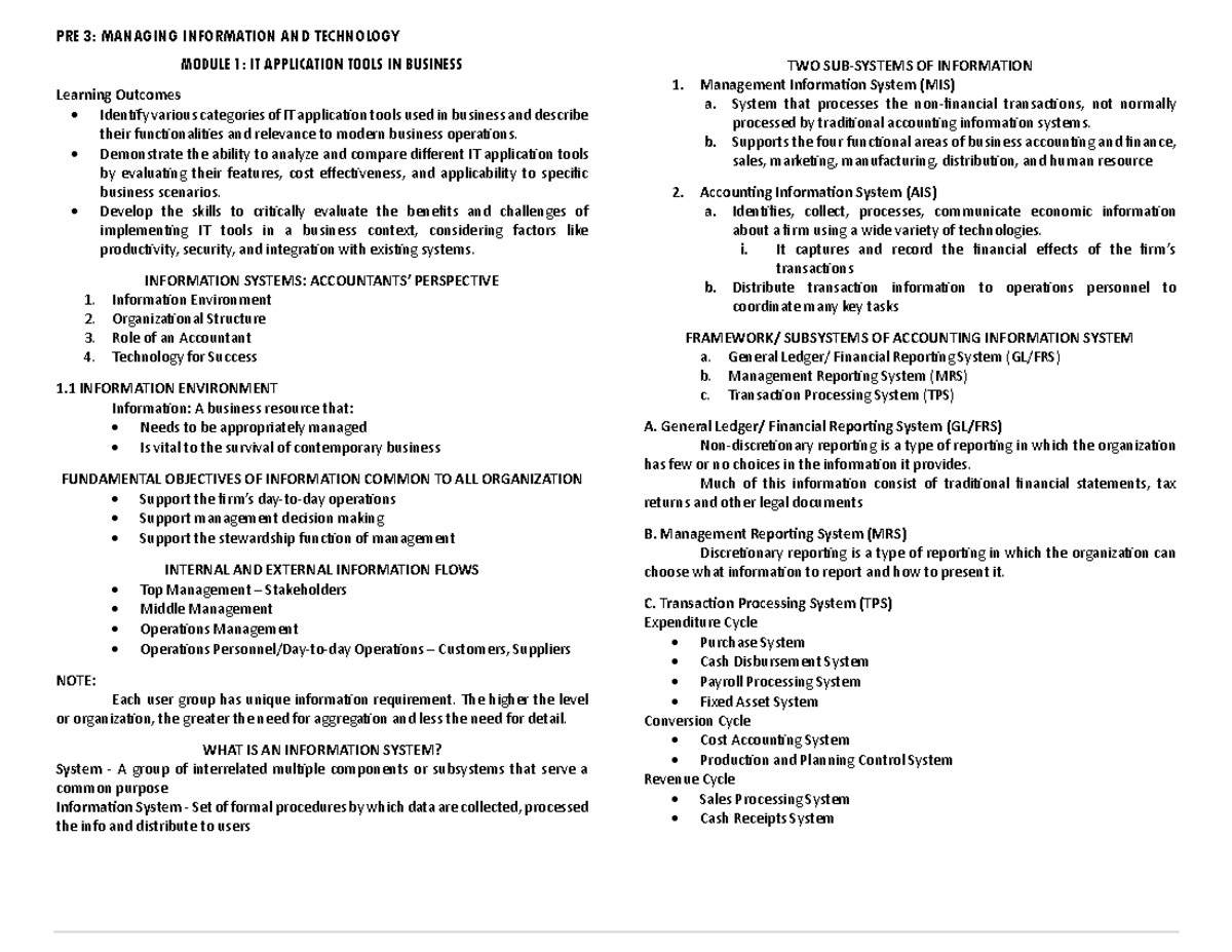 Module 1: IT Application Tools in Business - PRE 3 4AISL - Studocu
