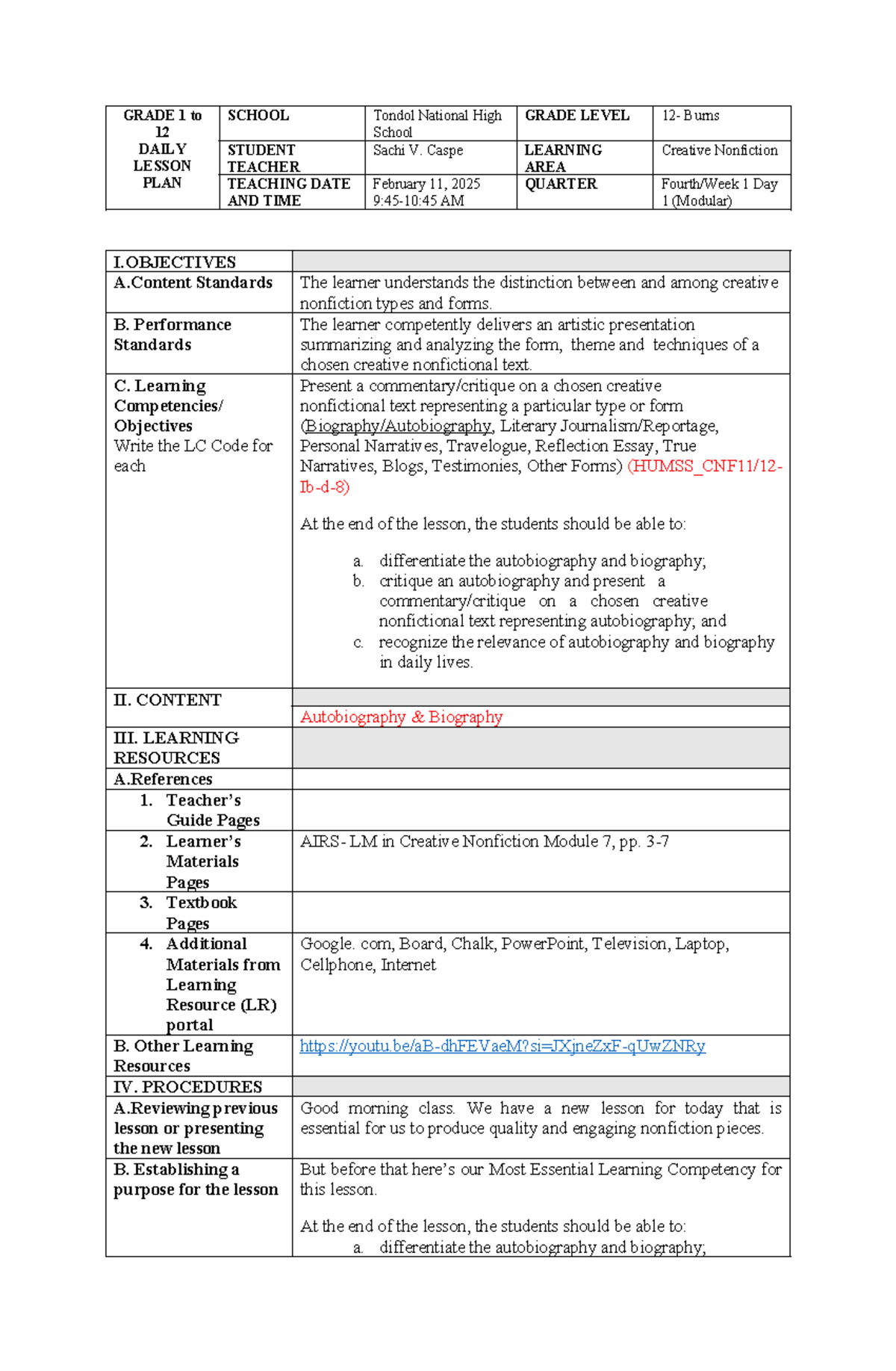 WEEK 1 DAY 1 CNF 12 - Daily Lesson Plan on Creative Nonfiction - Studocu